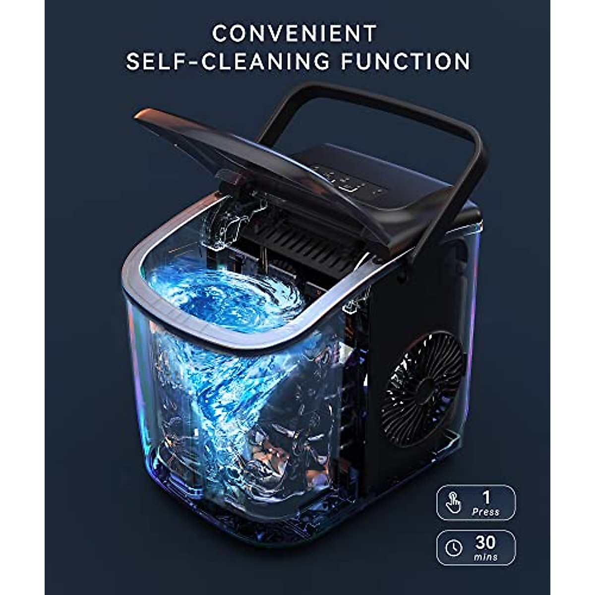 ecozy Portable Ice Maker Countertop, 9 Cubes Ready in 6 Mins, 26 lbs in 24 Hours, Self-Cleaning Ice Maker Machine with Ice Bags/Standing Ice Scoop/Ice Basket for Kitchen Office Bar Party, Black