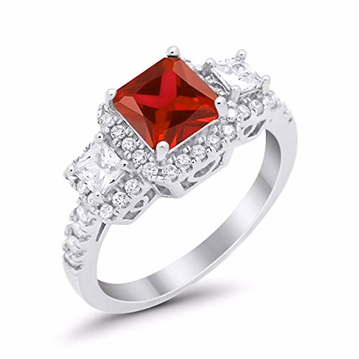 Blue Apple Co. Three Stone Princess Cut Wedding Engagement Promise Ring Simulated Garnet Cubic Zirconia 925 Sterling Silver Size-7