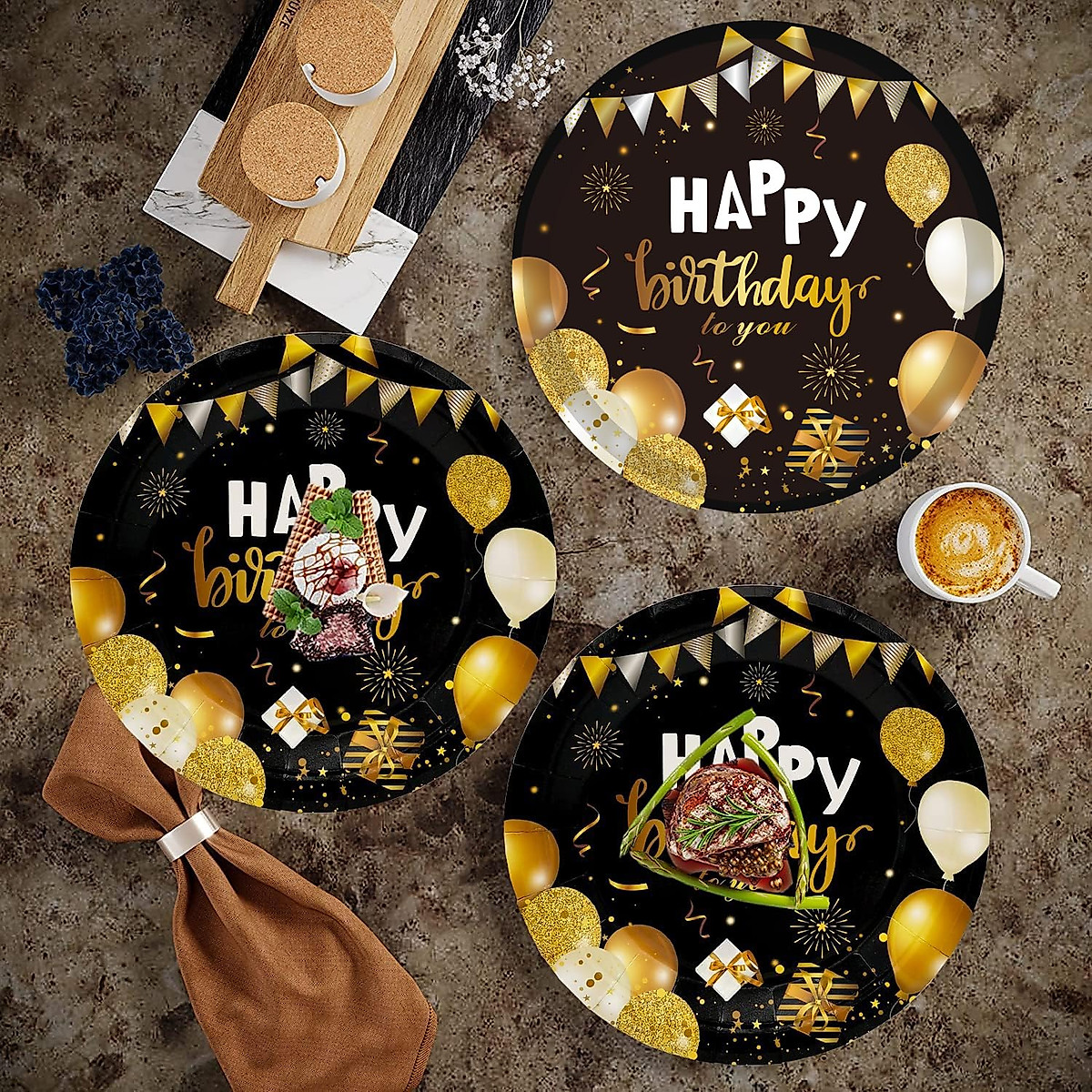GOGUOGOFA 50 Pcs Black and Gold Birthday Party Supplies,Happy Birthday Party Plates 7" Black and Gold Plates,Cheer Birthday Plates,for 30th 40th 50th 60th 70th 80th Anniversary Birthday Party Decor