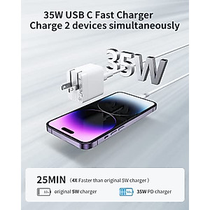 USB C Charger 35W Mini Dual Port USB Charger Block, GaN III Intelligent Distribution PD Fast USB C Wall Charger Adapter with Foldable Plug for MacBook Pro/Air, IPad,iPhone 14/14pro/13/13pro and More