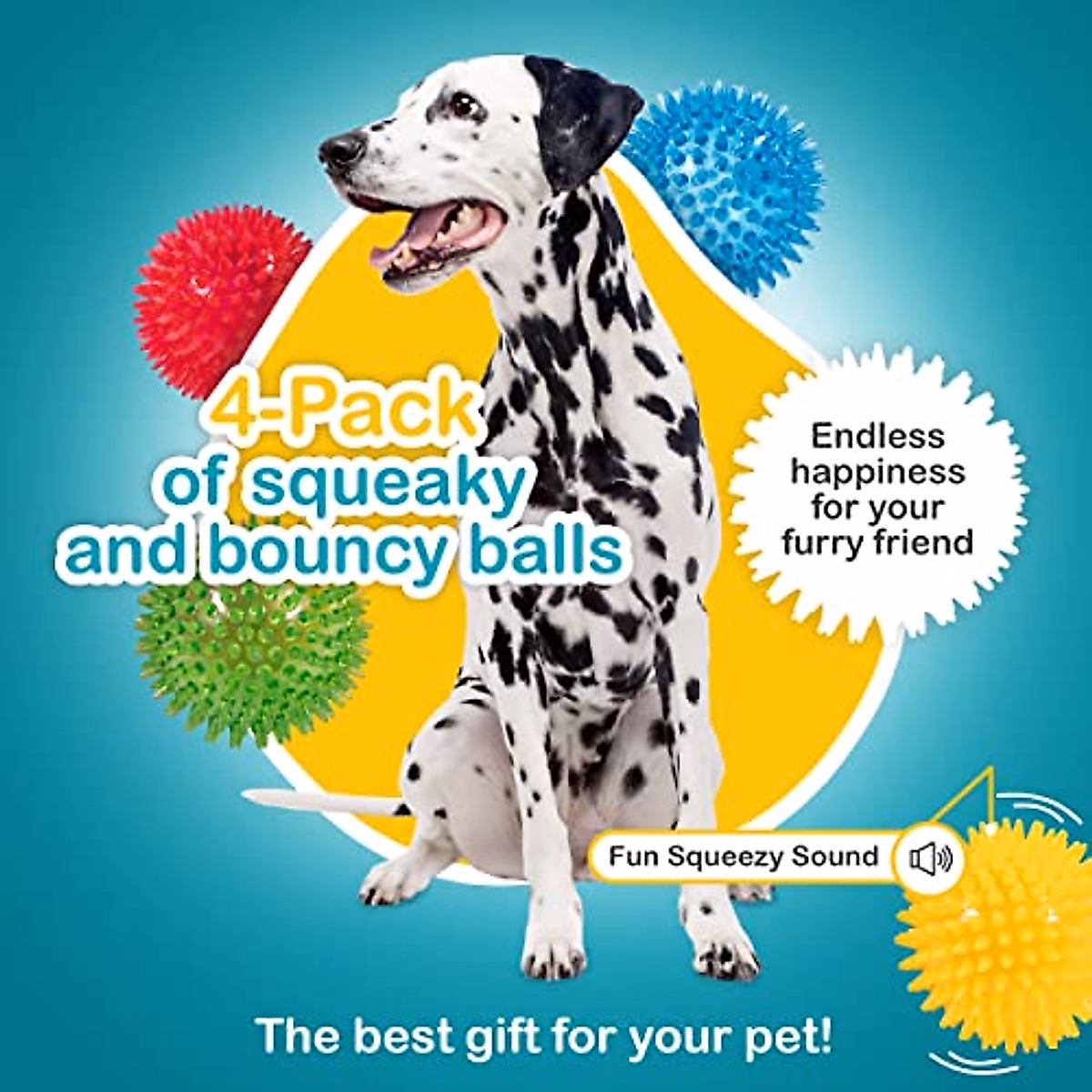 dipperdap 3.5” Spikey Dog Balls (4 Pack) Squeaky Dog Toys | Cleans Teeth for Healthier Gums | Non-Toxic BPA-Free Dog Toys for Aggressive Chewers | Spikey Balls in Red, Blue, Yellow, and Green