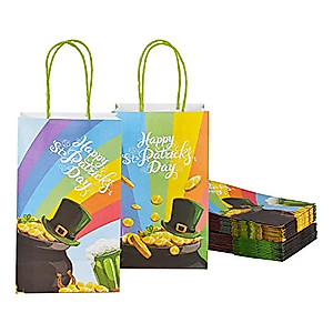 Gatherfun Saint Patrick’s Day Gift Bag Lucky Green Shamrock Rainbow Paper Gift Bag with Handle for Green Irish Party Decorations, 24PCS