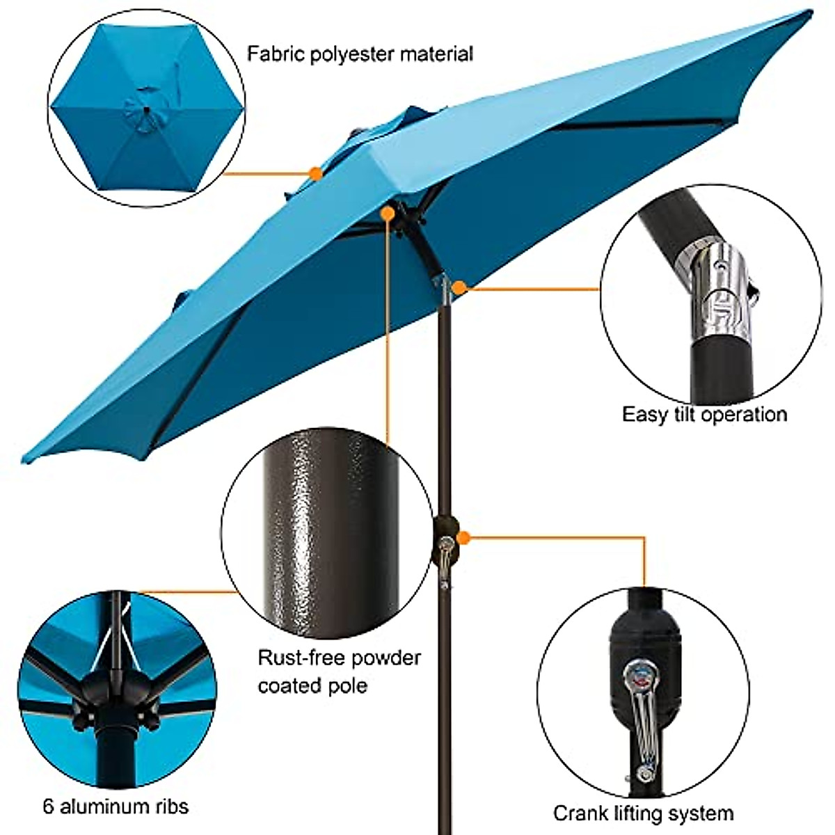 Blissun 7.5 ft Patio Umbrella, Market Umbrella with Push Button Tilt Crank, Cerulean