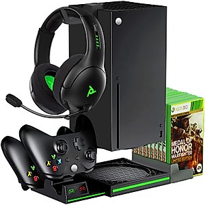 Stand for Xbox Series X, Dual Controller Charging Station with 2 Rechargeable Battery Pack, 10 Game Slots & Headphone Holder for Xbox Series X (Dark Black)
