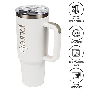 PURELY 40 oz Ceramic Lined Insulated Tumbler with Handle, Leak Resistant 2-way Lid and Straw, Ceramic Lined Travel Mug (White, 40oz)