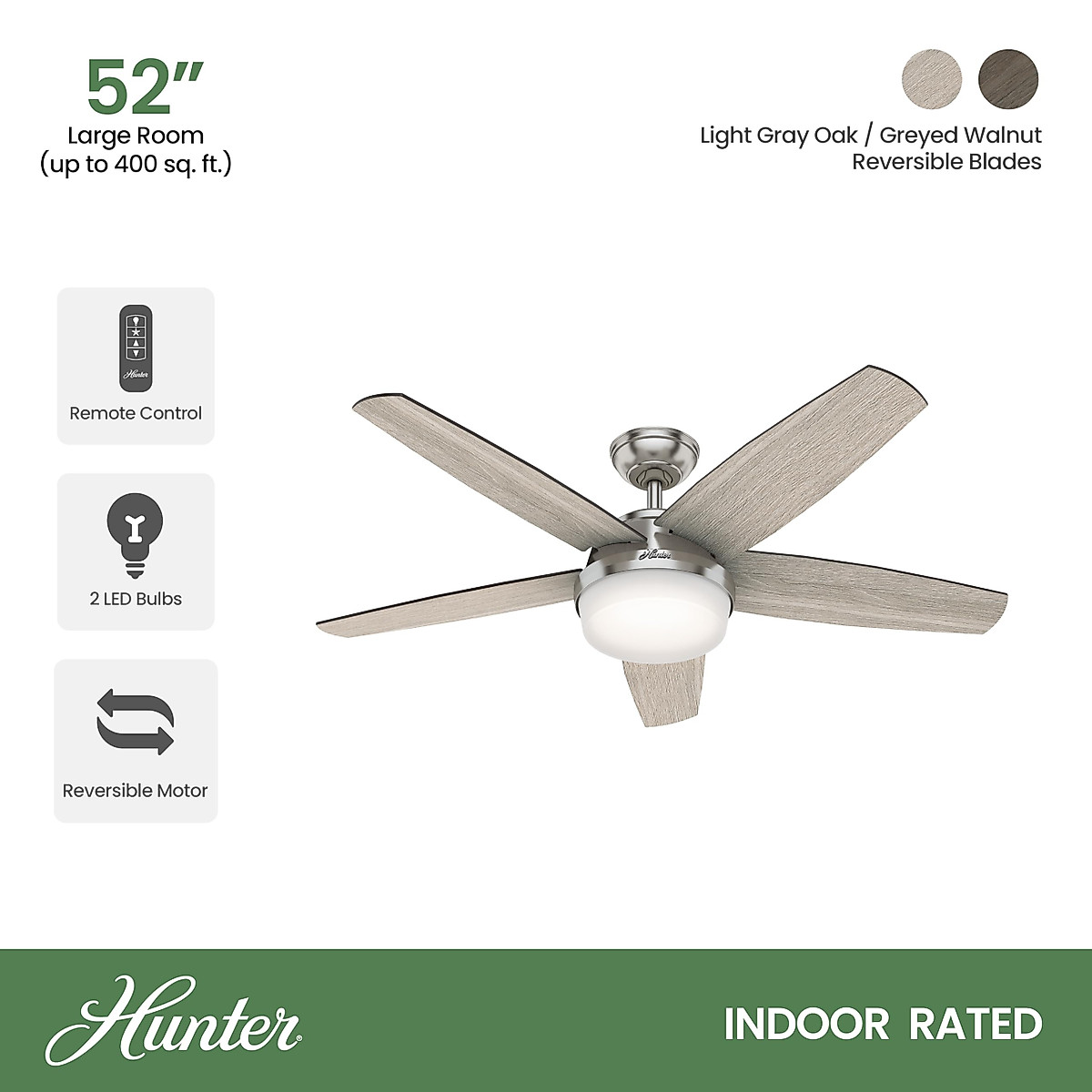 Hunter Fan 52 inch Contemporary Brushed Nickel Indoor Ceiling Fan with Light Kit and Remote Control (Renewed)