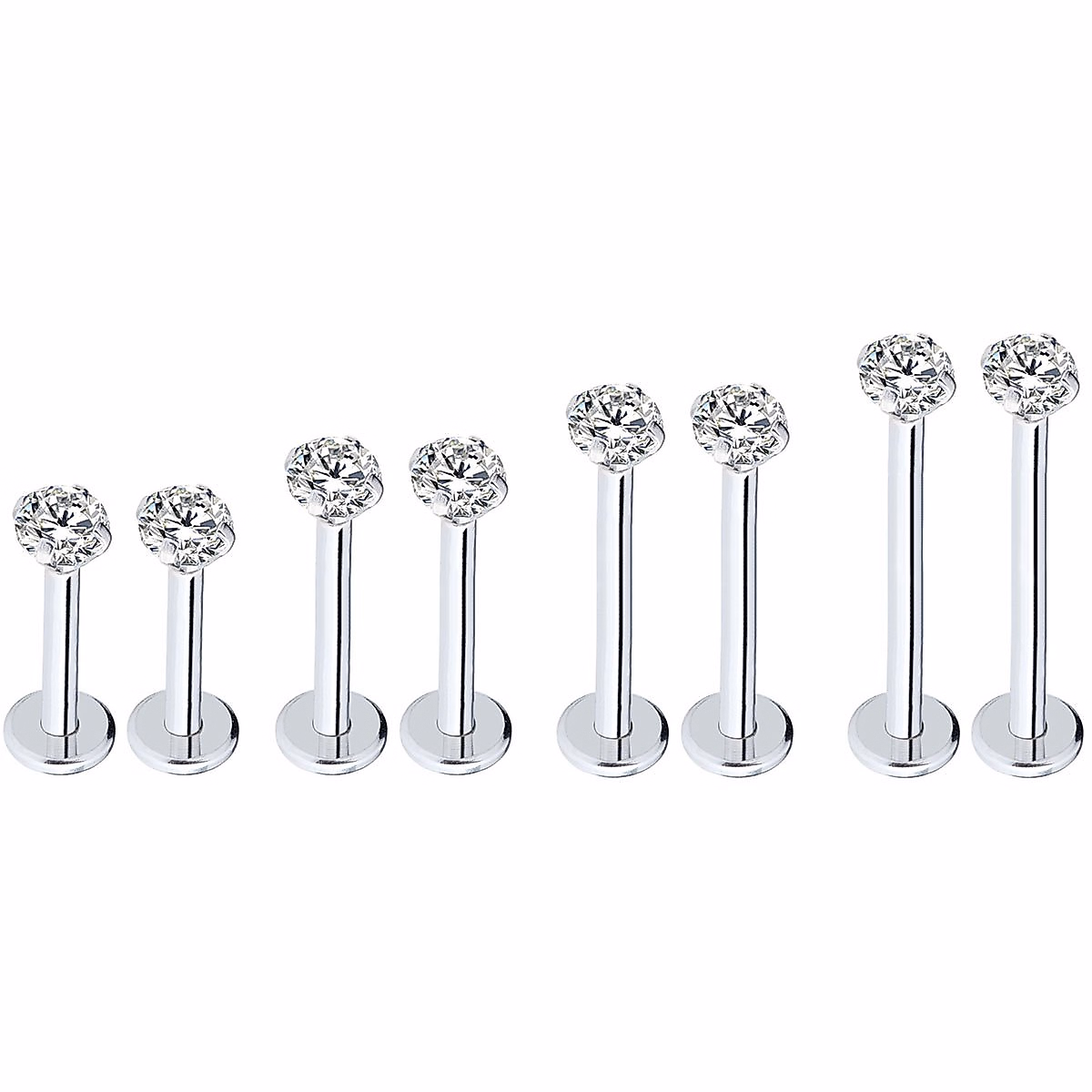 Injoy Jewelry 4 Pairs 16G Stainless Steel 3mm Round Cubic Zircon Lip Studs Labret Monroe Nose Tragus Helix Ear Piercing Jewelry 6-12mm Bar Length