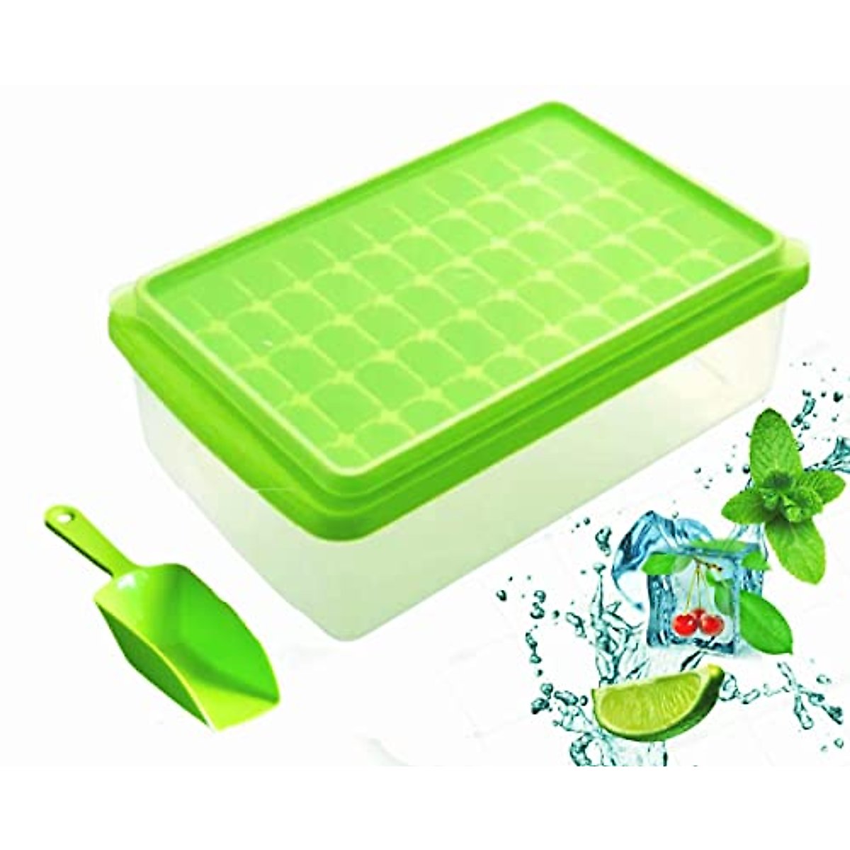 Large Ice Cube Mold, Ice Cube Tray for Freezer, Sphere Ice Container for Cocktails, 55 Mini Nugget Tray with Lid and Bin, Pebble Ice Bucket-Comes with Scoop, Cover, Ice Maker and Holder.