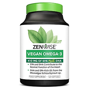 Zenwise Health Vegan Omega 3 Supplement for Women and Men from Marine Algae Oil with DHA & EPA - Plant Powered Fish Oil Alternative, Sustainably Sourced for Heart, Eye & Joint Health -120 CT