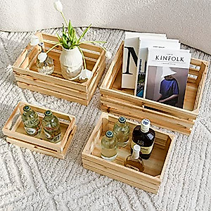 MACVAD Set of 4 Large Wooden Crates Unfinished Office Storage Crates, Decorative Wood Storage Crates for Display, Rustic Pine Wood Organizer Bin Basket for Kitchen Pantry Bathroom