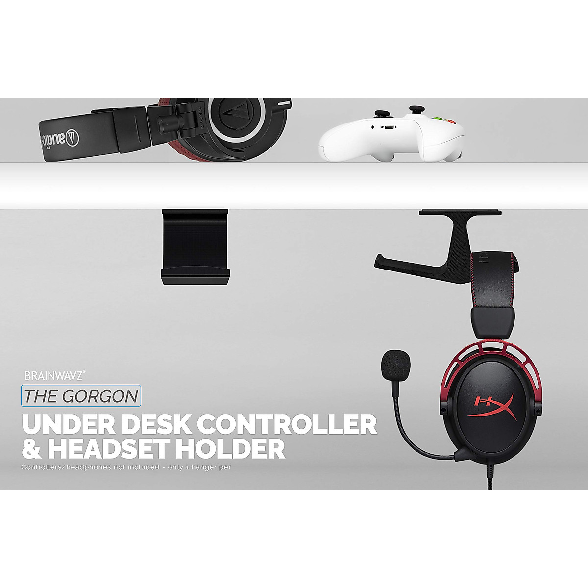 BRAINWAVZ The Gorgon - Under Desk Game Controller & Headphone Holder for XBOX, PS4, PS5, Series One, Steelseries, PC & Most Gamepads & Headsets, Screwless Hanger Stand, Black