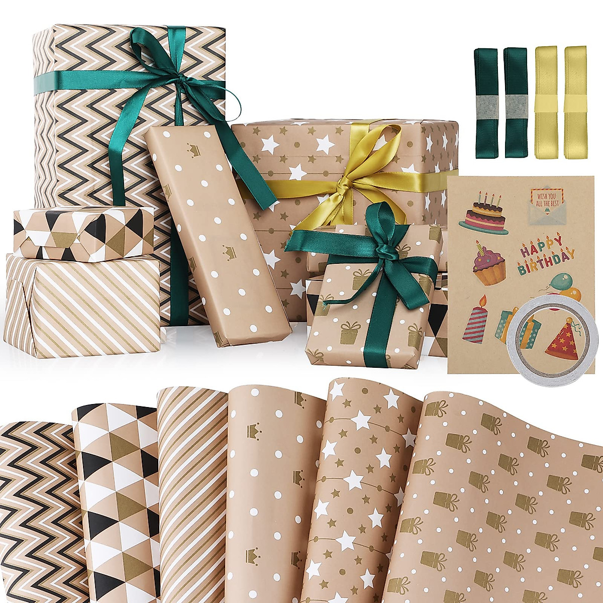 Hianjoo 6 Sheets Gift Wrapping Paper, 20x28 inch Recyclable Kraft Gift Wrapping Paper and 1 Sticker and 4 Ribbon for Birthday, Valentines, Christmas, Graduation, Baby Shower, Easter, DIY Craft