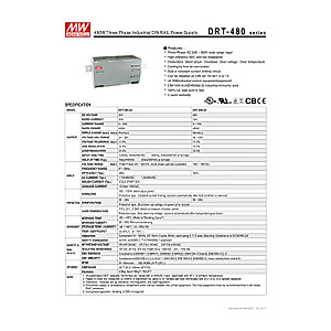 Mean Well DRT-480-24 Power Supply, DIN-Rail, 24 Volt, 20 Amp, 480 Watt, 8.9" x 4.9" x 3.9" Size
