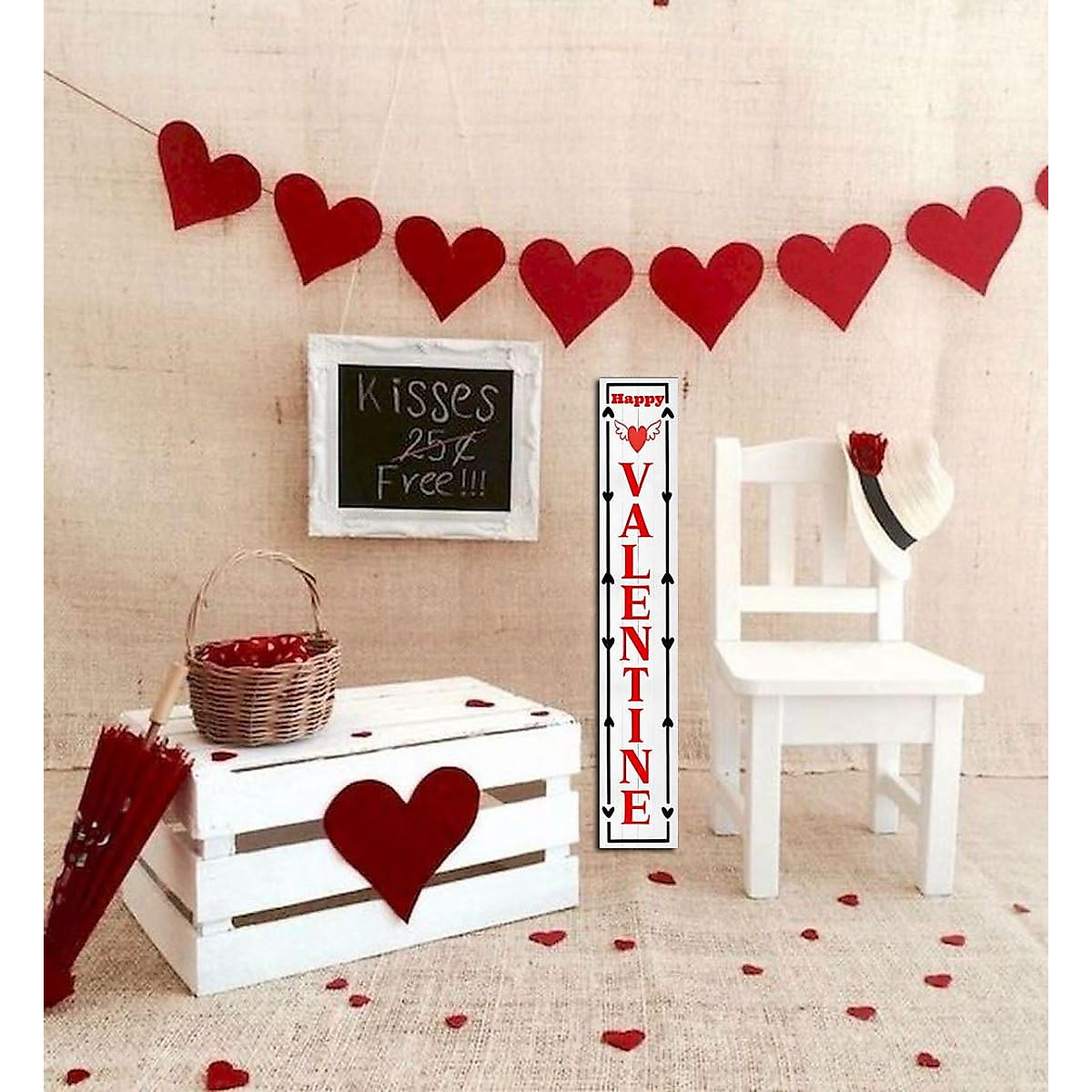 KPSheng Happy Valentine Day Sign for Front Door, 8x64 Inch Vertical Valentine's Day Wooden Welcome Sign for Front Porch, Modern Farmhouse Front Porch Decor