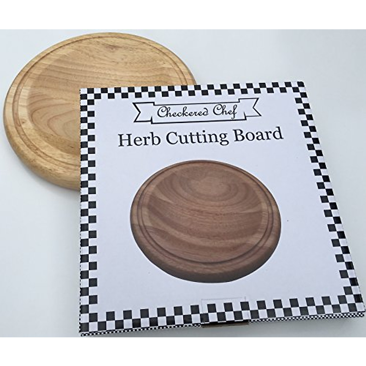 Checkered Chef Mezzaluna Cutting Board - Small Round Wooden Chopping Board For Mincing and Rocker Knives