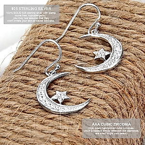 Sterling Silver Round Cubic Zirconia Crescent Moon & Star Dangle Earrings Star Jewelry for Women Mom