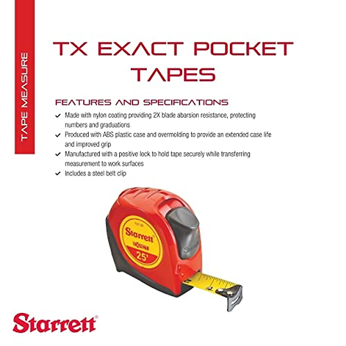 Starrett Exact Retractable Imperial Pocket Tape Measure with Nylon Coating, Steel Belt Clip and Self Adjusting End Hook - 1" Width x 25' Length - KTX1-25-N-SP01