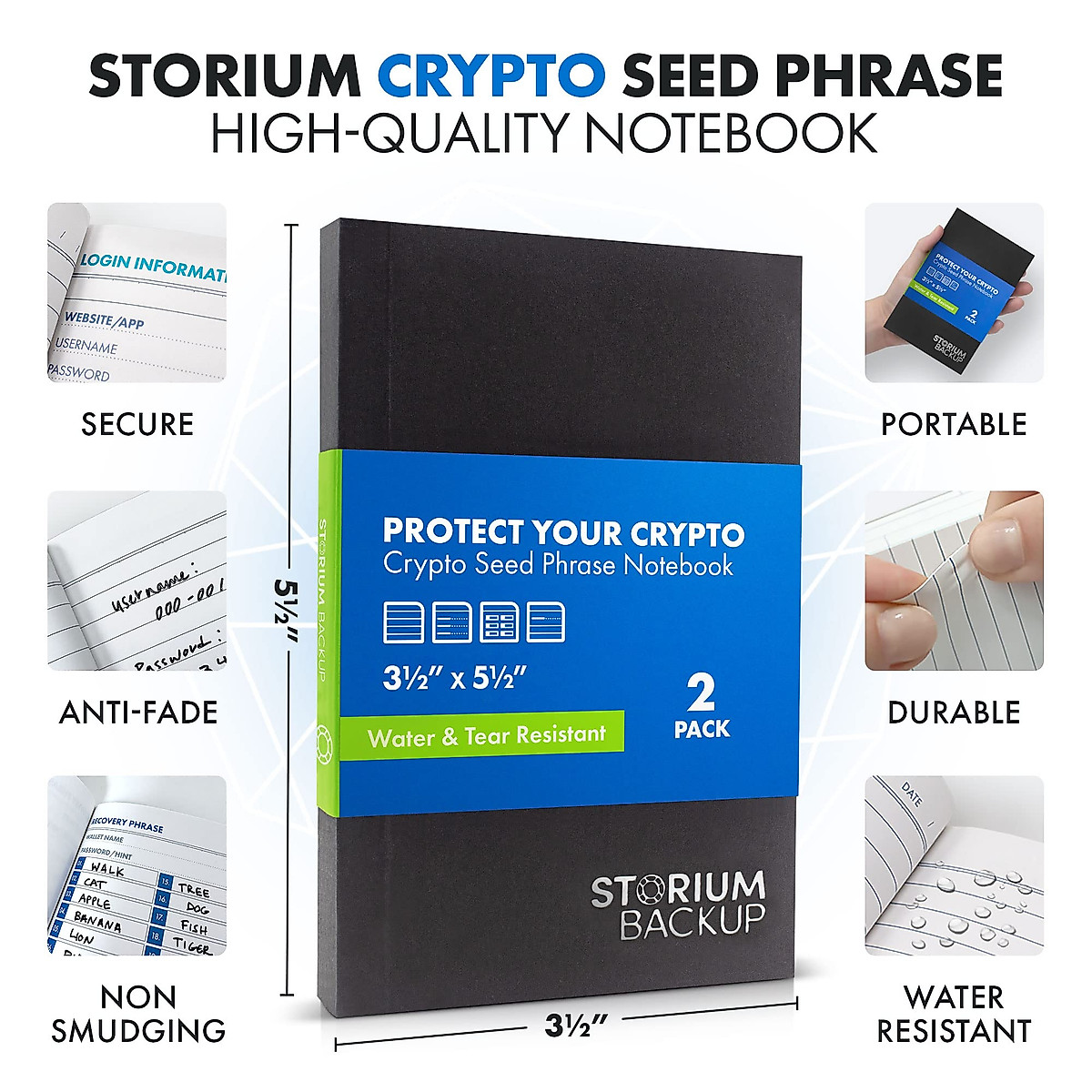 Storium Crypto Seed Phrase Storage Notebook - Waterproof Stone Paper Book - Keep Your Cryptocurrency Recovery Phrase Password Safe & Secure - Cold Storage Wallet Backup Journal - Pocket Size 2-Pack
