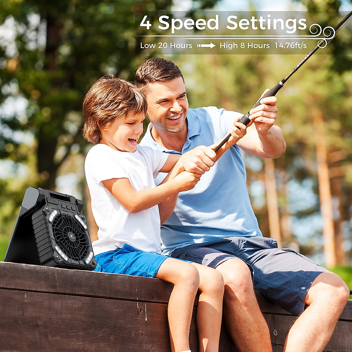 KITWLEMEN Solar Camping Fan with Light, 4 Speeds Rechargeable Battery Powered Fan with Timer, 90° Folding Portable Desk Fan for Hurricane Outages Outdoor Camping Fishing