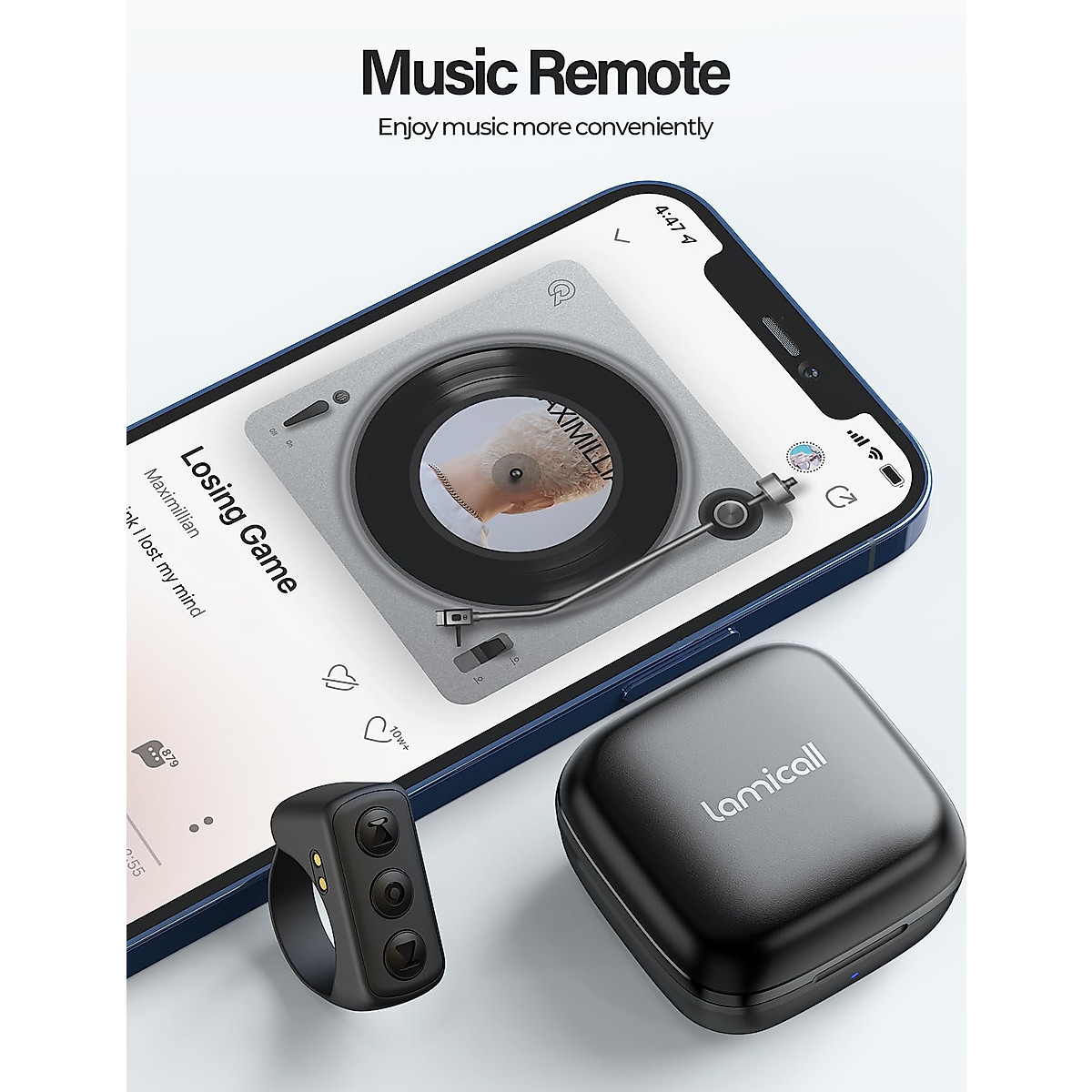 Phone Remote Control for TikTok - Lamicall Cell Phone Camera Bluetooth Controller for Video Recording, Kindle App Page Turner, TIK Tok Scrolling Ring Remote, for iPhone, iPad, iOS, Android, Black
