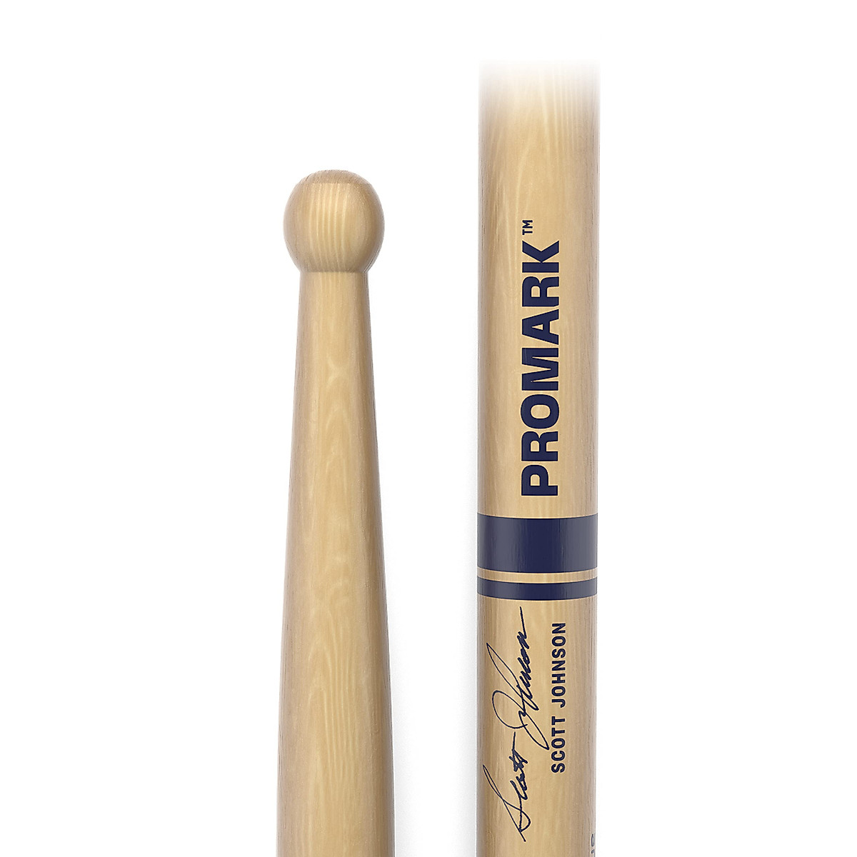 ProMark Scott Johnson Hickory Signature Marching Snare Drum Sticks - FireGrain For Playing Harder, Longer - No Excess Vibration - Lacquer Finish, Large Round Tip, Hickory Wood - 1 Pair