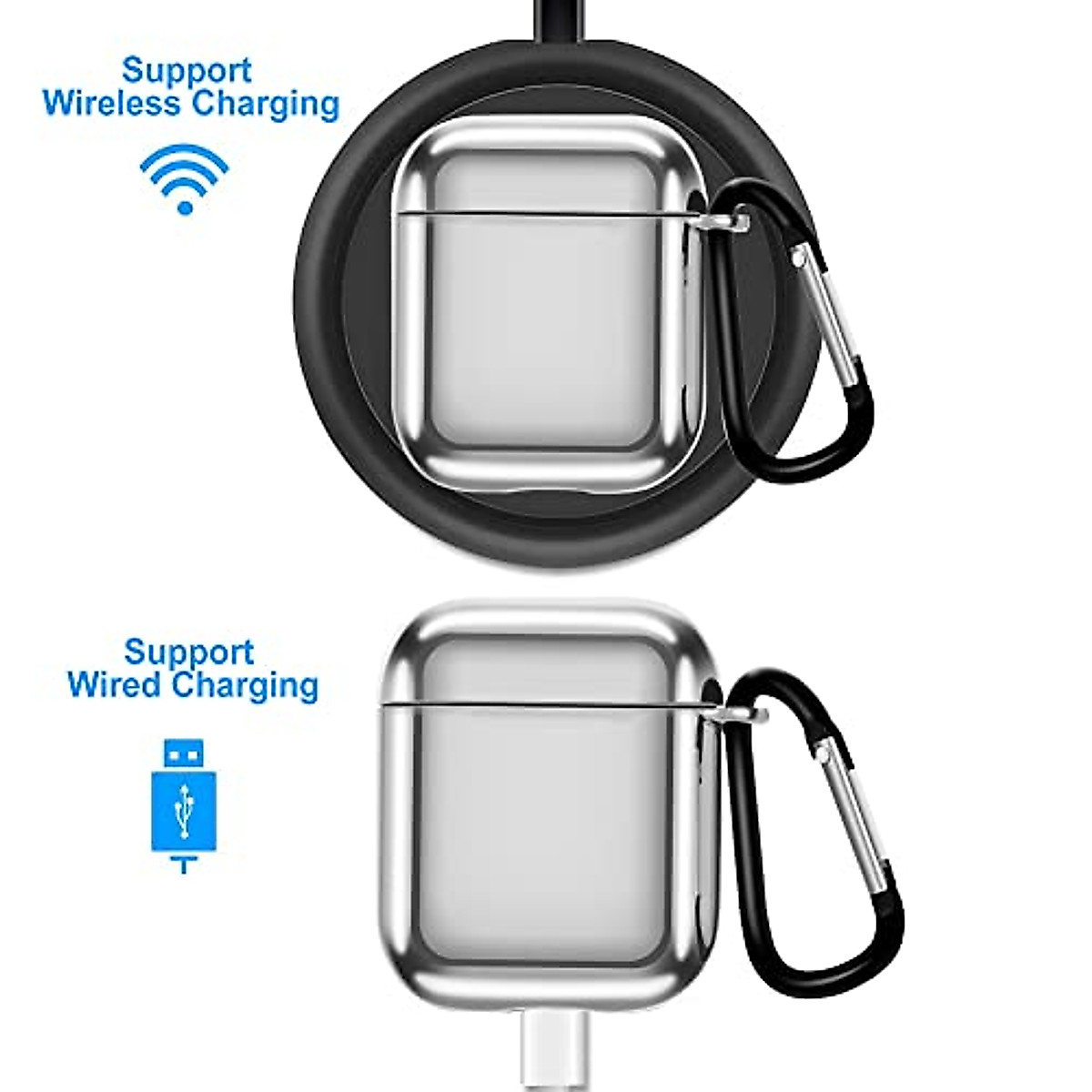 MZELQ for AirPods 1 & 2 Case with Keychain Cute Soft TPU Plating Design Shockproof Full Protective Smooth Surface Cover with Anti-Lost Carabiner Accessories for Women Girls (Silver)