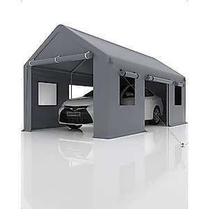 DEXSO Carport 10'x20' Heavy Duty Steel Canopy Height Adjustable & Portable Garage with Roll-up Ventilated Side Doors & Windows for Truck Boat Car Port, Party, Equipment Placement, Grey