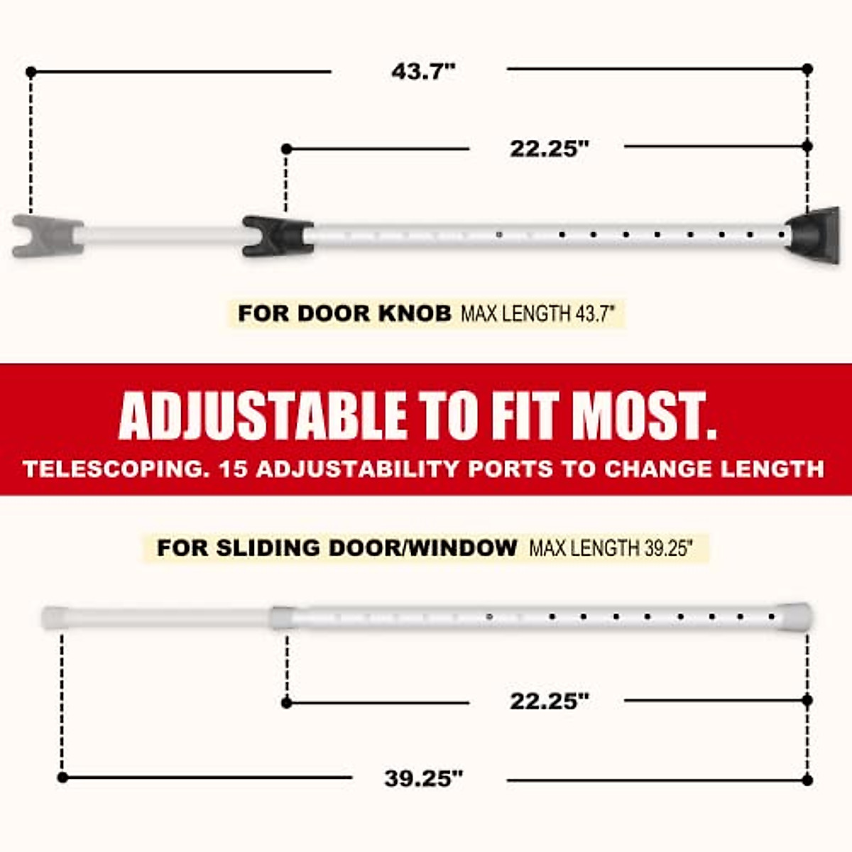 SECURITYMAN Adjustable Door Security Bar - Constructed of High Grade Iron - Great for Apartment Security or Home Protection Door Stoppers -(22.25” - 43.7” for Doors) (22.25” - 39.25” for Patio), White