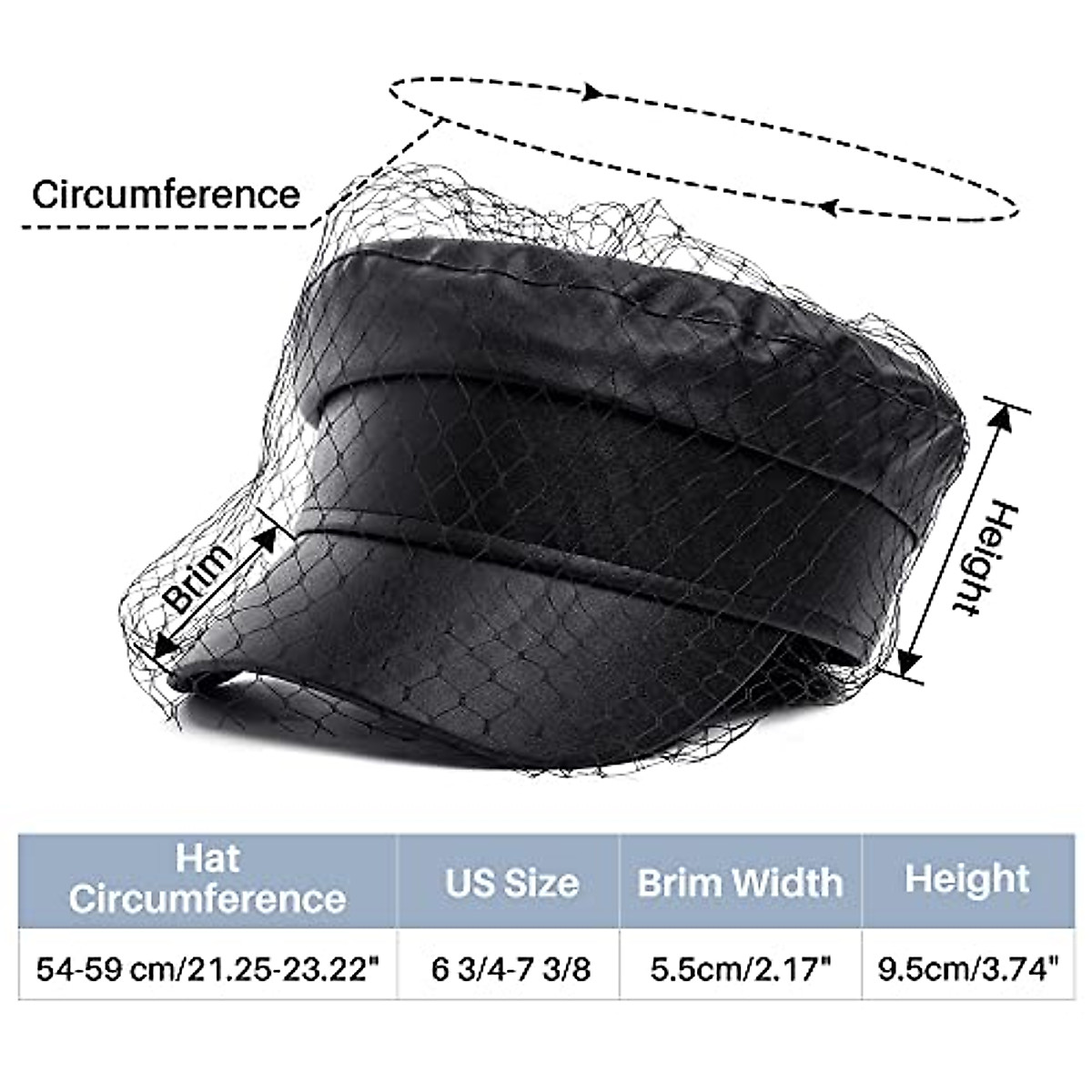 Beret Hats for Women PU Leather Newsboy Fiddler Cap with Veil Casual Baker Boy Captain Hat