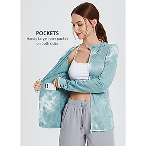 BALEAF Women's Full Zip Quick Dry Lightweight Hooded Shirts Sun Block Long Sleeve Thumb Holes Cooling Jackets Beach Shirts with Zip Pockets Dye Blue M