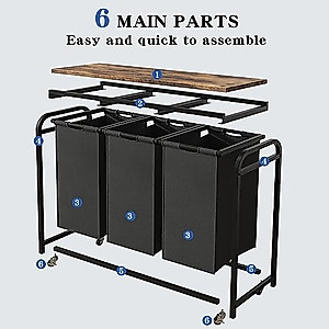 Lineware Laundry Hamper, Laundry Basket 3 Section, 3 × 12.7 Gal (144L), Laundry Sorter with Top Shelf, Upgrade larger Rolling Laundry Basket with 3 Pull-Out Organizer Bags and Wheels (B-BLACK)