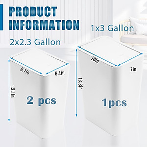 Cheardia 3 Pack Bathroom Trash Can, 12L /3 Gallon and 9L /2.3 Gallon Plastic Slim Garbage Bin Wastebasket with Pop-Up Lid for Kitchen, Bedroom, Office, Dorm, Fits Under Desk, Cabinet, Sink, Cream