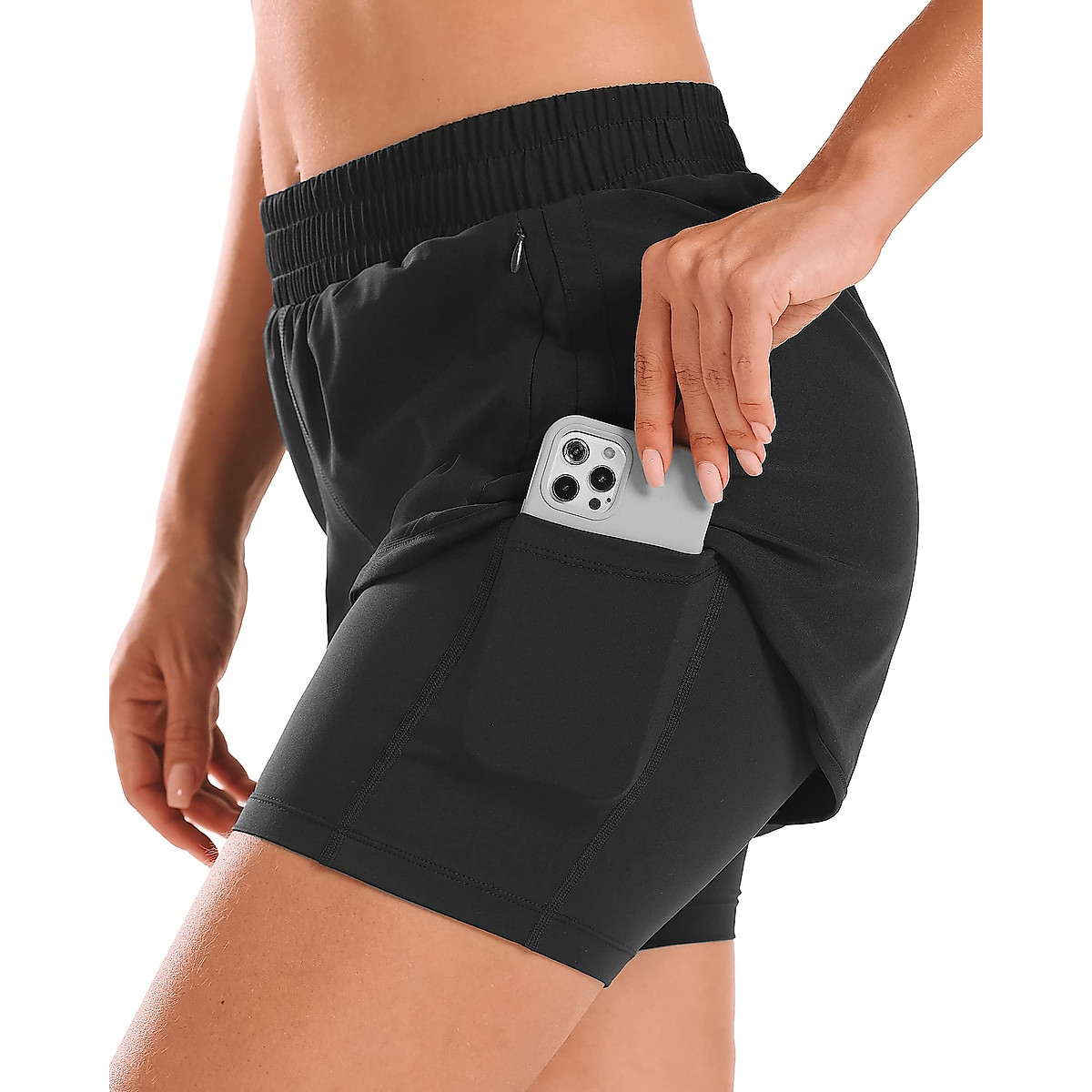 Stelle Women 2 in 1 Running Shorts High Waisted Athletic Shorts Gym Workout Shorts with Liner Zipper Pockets (Black, M)