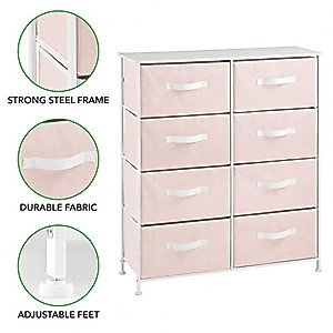 mDesign 38.31" High Steel Frame/Wood Top Storage Dresser Furniture, 8 Fabric Drawers, Large Bureau Organizer for Baby, Kid, Teen Bedroom, Nursery, Playroom, Dorm, Jane Collection, Pink/White