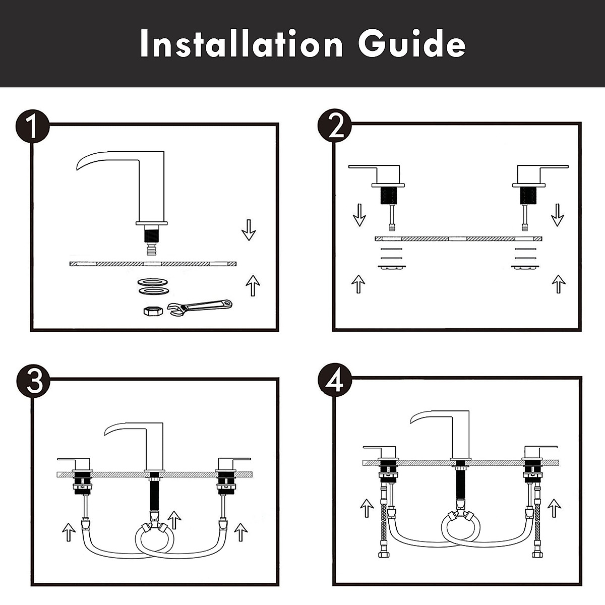 CEINOL Waterfall Bathroom Faucet Matte Black, Bathroom Sink Faucet 3 Hole, Widespread Bathroom Faucet Set with Pop Up Drain and Hose