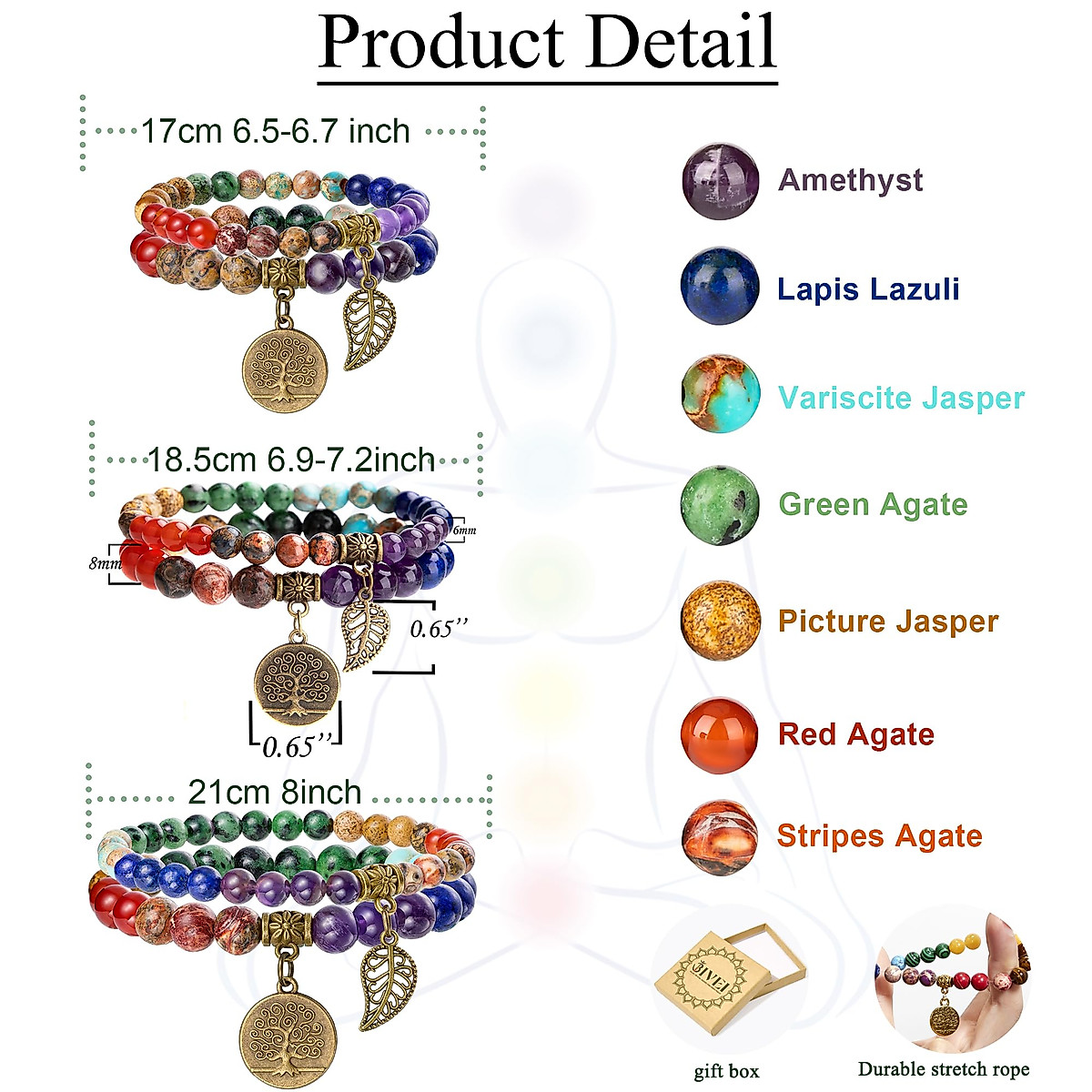 Bivei Natural Semi Precious Gemstone Beads Bracelet for Women - Life Tree and Leaf Charm Chakra Energy Healing Anxiety Stretch Bracelets(7 chakras Beads)