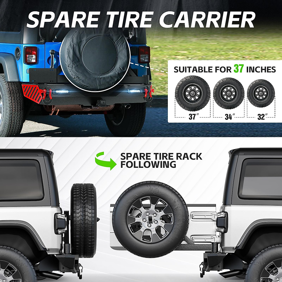 EYOUHZ Rear Bumper with Spare Tire Carrier Compatible with 2007-2018 Jeep Wrangler JK JKU Unlimited with 2" Hitch Receiver, License Plate Bracket, Paintable Armor, LED Lights & D-Rings (2/4 Doors)