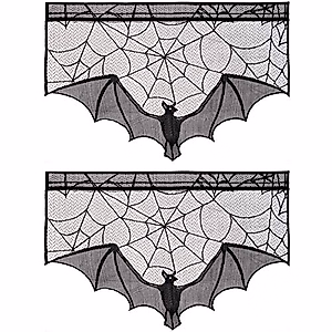 ANPHSIN Halloween Black Lace Spiderweb- 2 Pcs Bat Curtain Window Valance Cobweb Tablecloth Shower Curtains Fireplace Mantles Scarf Cover for Home Door Kitchen Bathroom Festive Party Decorations