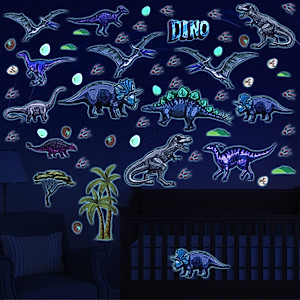 Zonon 114 Pcs/ 4 Sheet Glow in The Dark Dinosaurs Stickers for Waterproof Glowing Dinosaur Wall Decals Large Removable Glow Wall Decor for Boy Bedroom Ceiling Kid Nursery Playroom(Blue Glow)