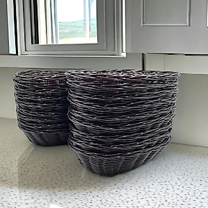 Cheardia 12 Pack Plastic Oval Basket, 8.6 X 6.3 X 2.1 Inch Woven Bread Baskets for Serving Small Empty Gift Baskets, Imitation Rattan Basket for Kitchen Restaurant Centerpiece Display - Dark Brown