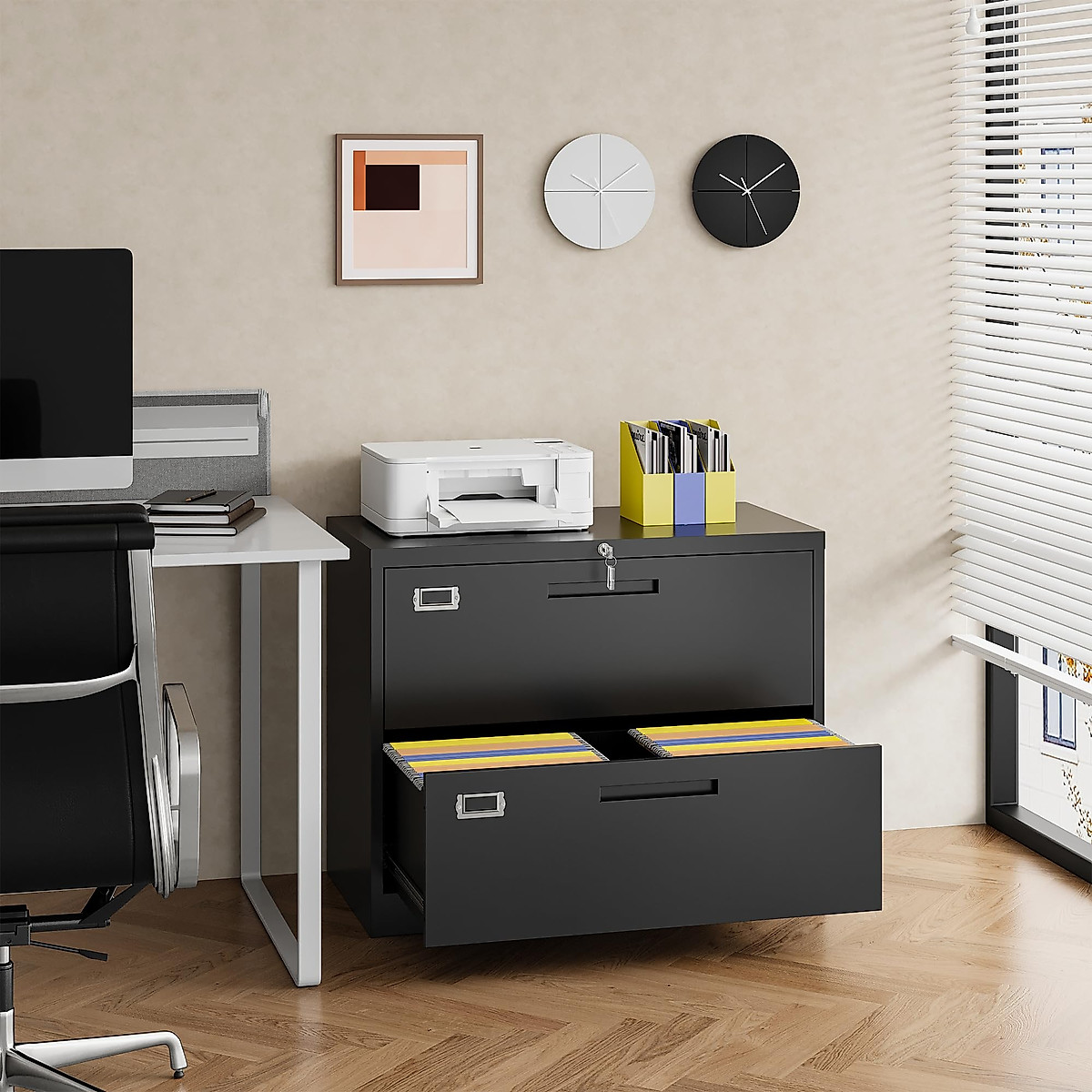 Lateral File Cabinet with Lock 2 Drawer Metal Filing Cabinet, Lateral Filing Cabinet with Lock for Home Office, Locking Metal Steel Wide File Cabinet for Legal/Letter A4 Size Black