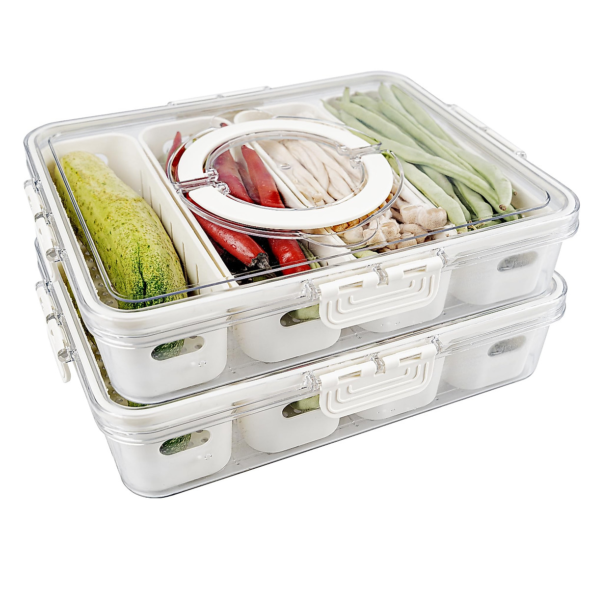 Divided Snack Box with Lid and Handle, Portable Snackle Box Plastic Serving Tray with 4 Compartments , Clear Snack Storage Container with Dividers for Fruit,Veggie,Candy, Charcuterie organizer-2 Pack