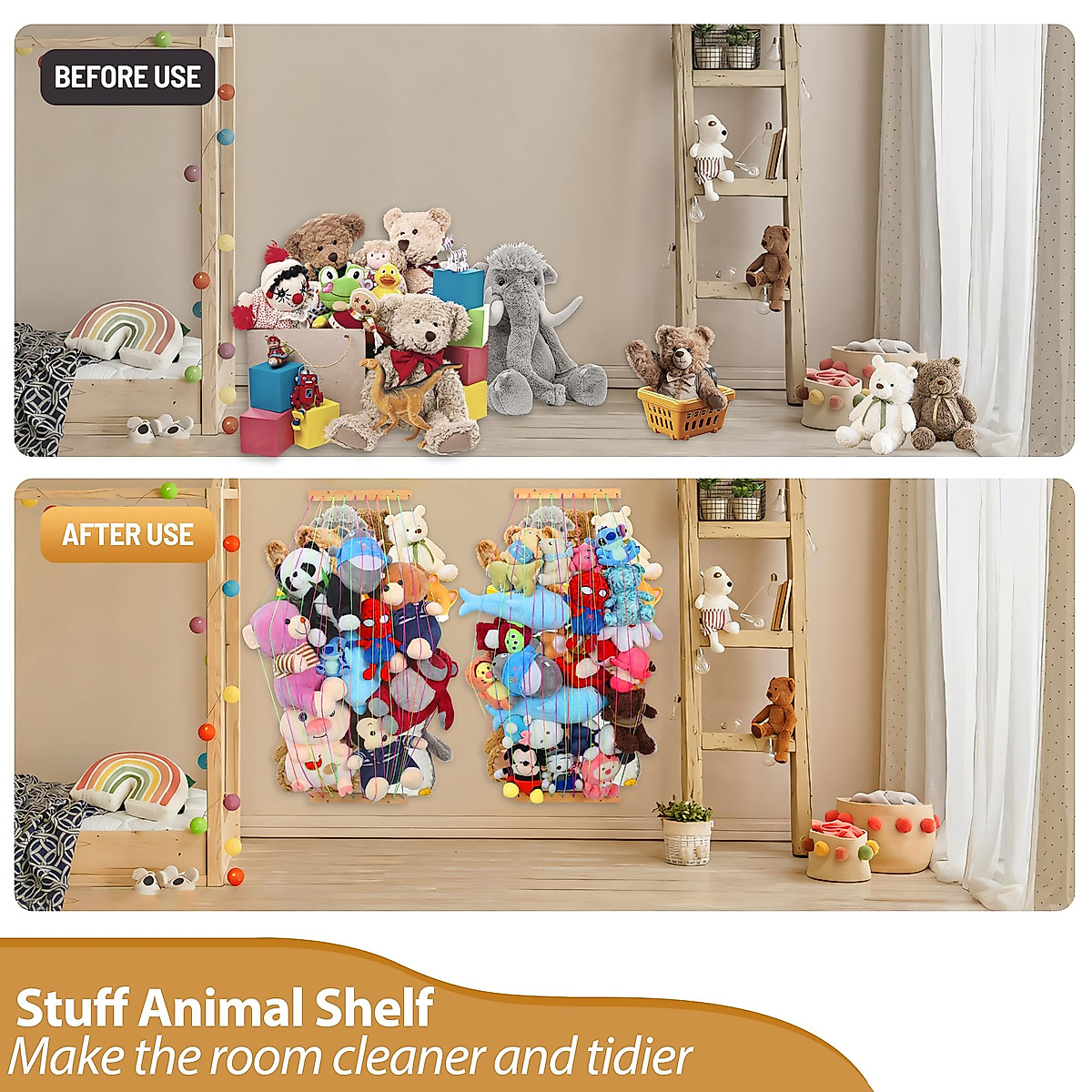 PHOENANCEE Stuff Animal Organizer for Plushies,Stuffed Animal Storage Wall,Plush Toys Holder Net Zoo for Kids Nursery Playroom Bedroom,Save Space,Length Adjustable,Upgraded,2 Pack(Natural Wood)