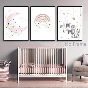 Bfgsrtcbox Pink Star Wall Art Moon Rainbow Pictures and Stars Canvas Decor Cloud Nursery Picture Girl Baby Room Painting 12x16inchx3pcs No Frame