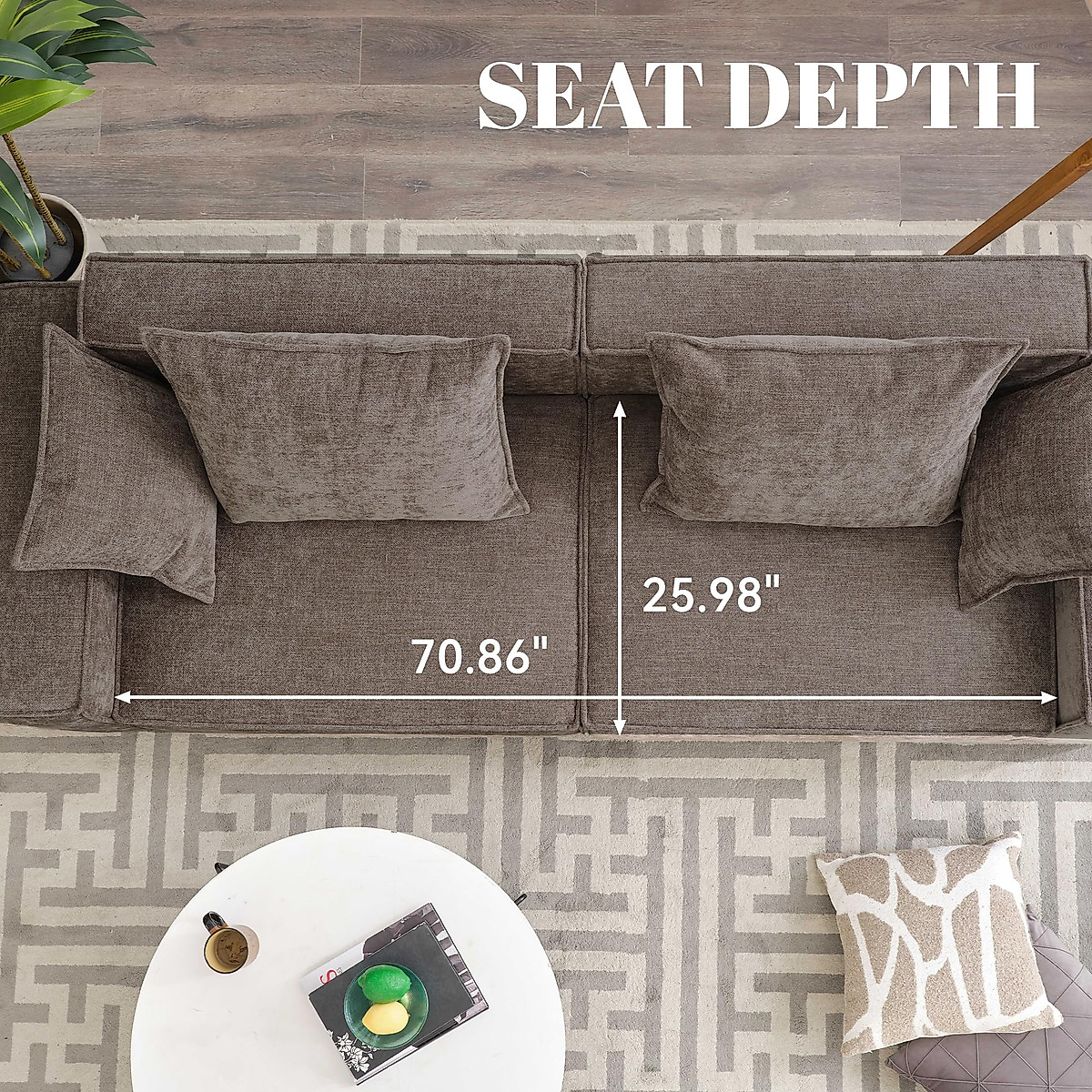 WILLOVE 89.3'' Modern Sofa Couches for Living Room, 3 Seater Cloud Couch with Deep Seat, Comfy Couch with Extra Wide Armrests & 4 Throw Pillows, Chenille Oversized Sofas for Office, Apartment, Brown