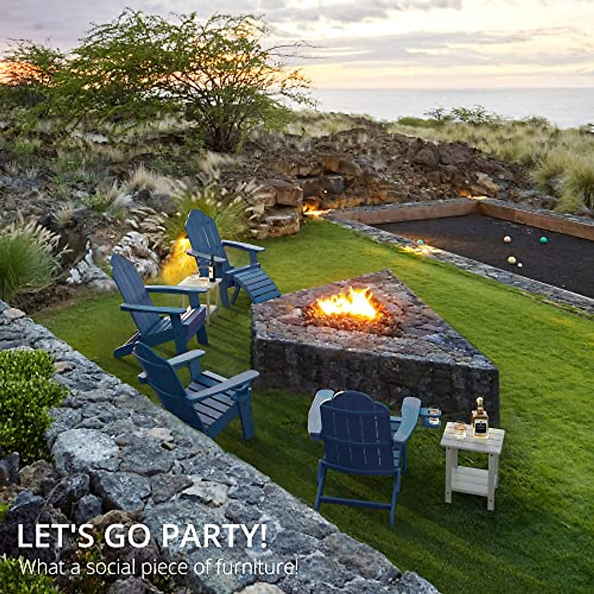 LUE BONA Folding Adirondack Chair Set of 4, Navy Poly Fire Pit Adirondack Chair Weather Resistant, Modern Plastic Adirondack Patio Chairs with Cup Holder, 320LBS, Outdoor Chairs for Pool Porch Beach