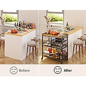 Gizoon 3 Tier 38" Home Bar Serving Cart with Large Storage Space, Mobile Kitchen Storage Trolley with Lockable Wheels, 12 Wine Rack, Glass Holder, Removable Tray (Retro)