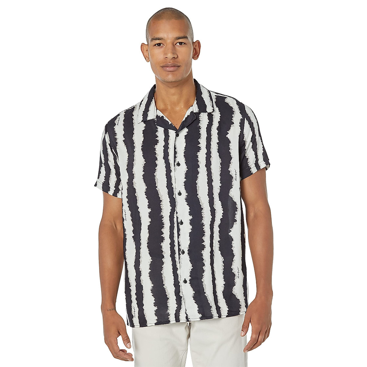 Karl Lagerfeld Paris Men's Tie Dye Stripe Short Sleeve Woven Shirt, White/Black, X-Large