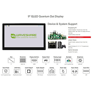 waveshare 9inch QLED Quantum Dot Display Compatible with Raspberry Pi 4B/3B+/3A+/2B/B+/A+/Zero/Zero W/WH/Zero 2W CM3+/4 Capacitive Touch 1280×720 Resolution Supports Jetson Nano/Windows