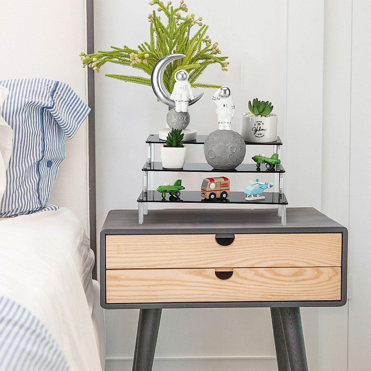 2 Packs Tiered Display Stand For Craft Shows Display Racks Acrylic Risers Black Display Shelves Vendors Cardboard Organizer Table For Products Collection Dessert Perfume Cologne Display(3 Tiers)